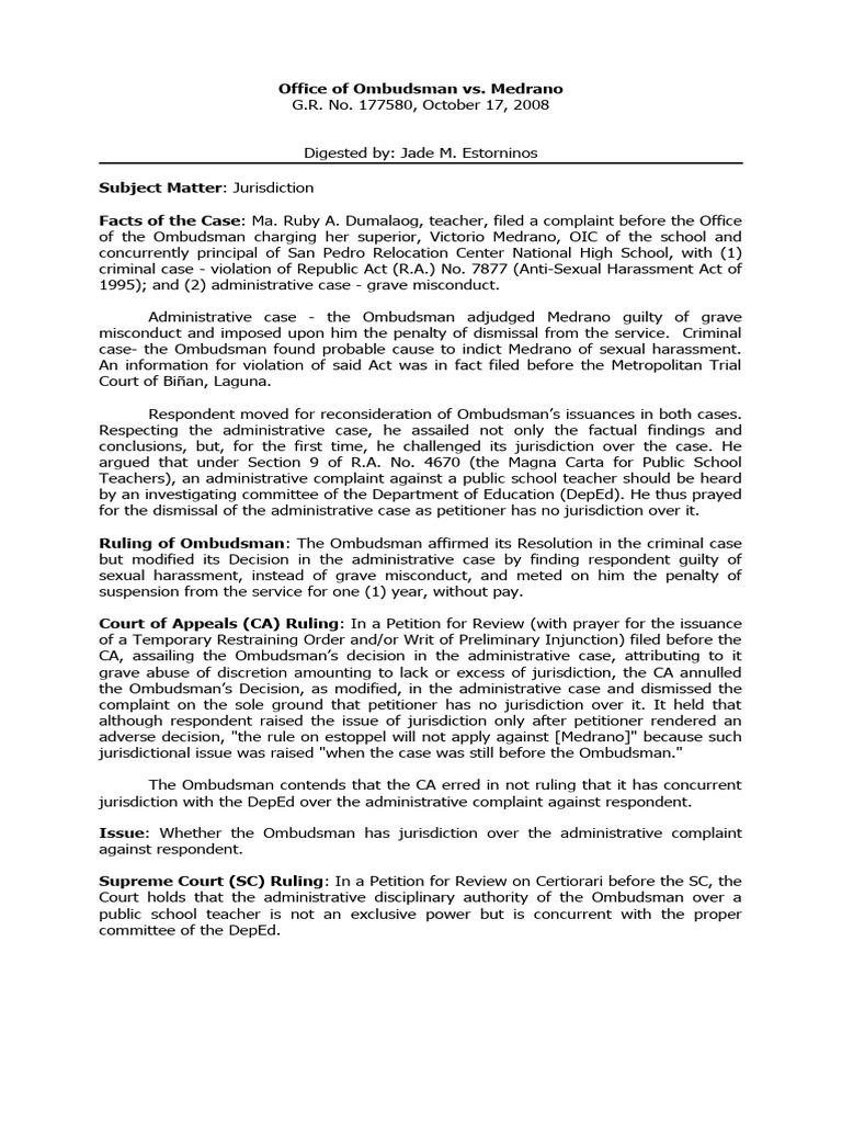 Ombudsman Vs Medrano Case Digest | PDF | Complaint | Jurisdiction