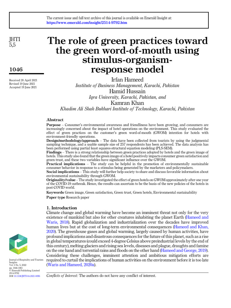 The Role of Green Practices Toward The Green Word-Of-Mouth Using ...