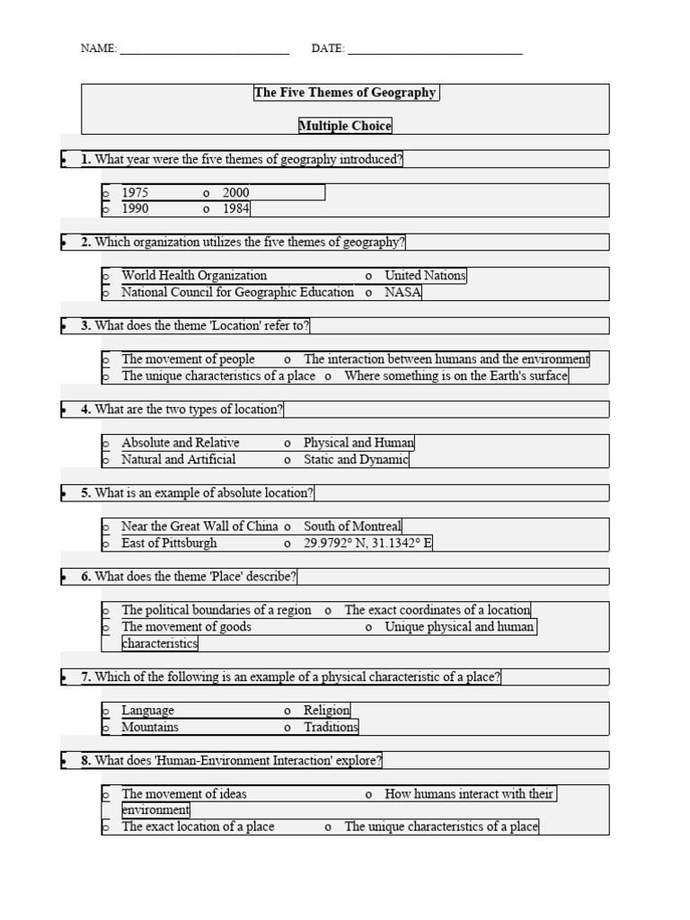 The Five Themes of Geography Quiz | PDF | Geography | Earth Sciences