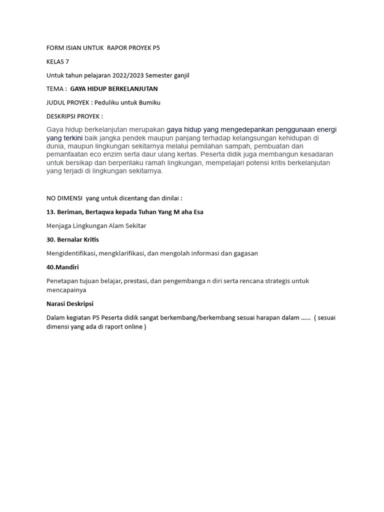 FORM ISIAN UNTUK RAPOR PROYEK P5 Tema 2 Gaya Hidup Berkelanjutan ...