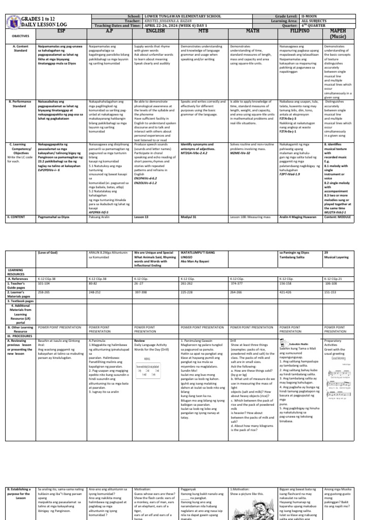 DLL - All Subjects 2 - Q4 - W4 - D1 | PDF