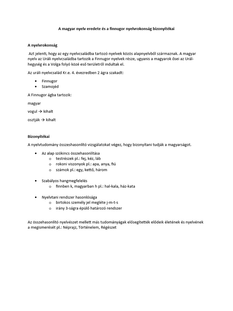 A Magyar Nyelv Eredete És A Finnugor Nyelvrokonság Bizonyítékai | PDF