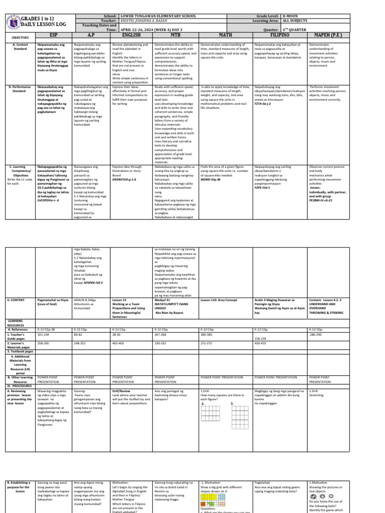 DLL - All Subjects 2 - Q4 - W4 - D3 | PDF