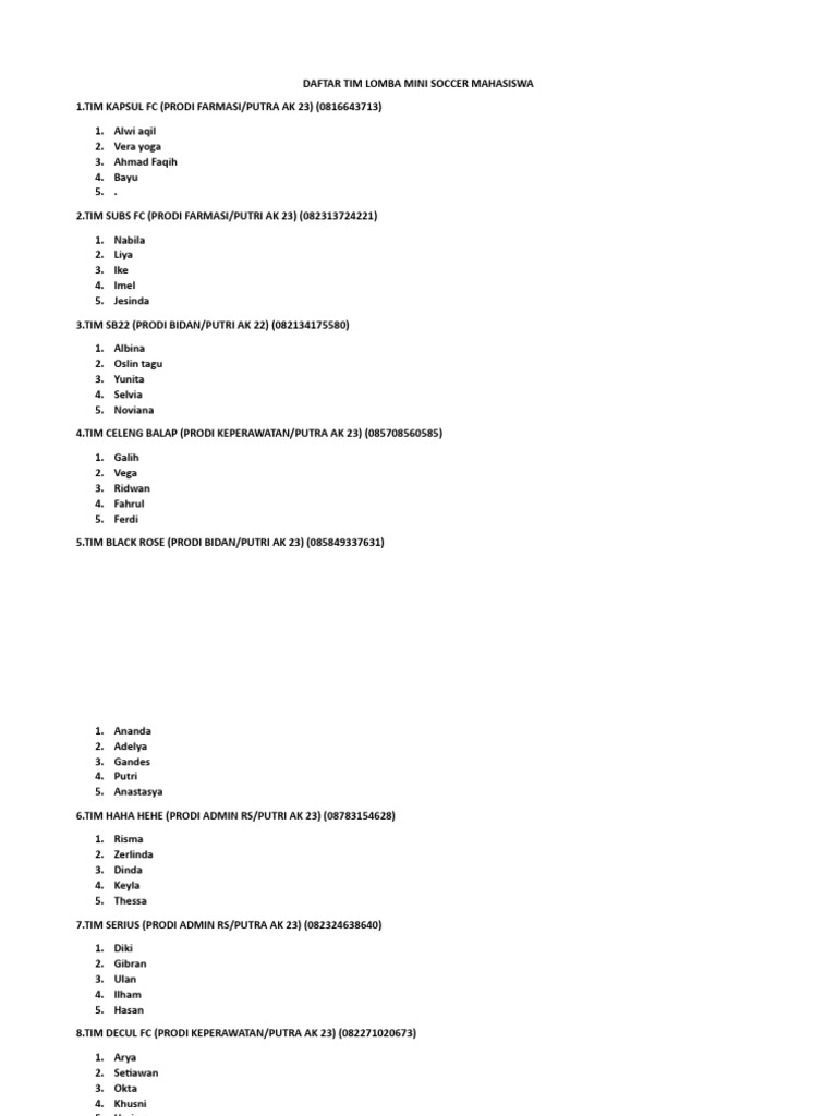 Nama Anggota Dan Tim Lomba Mini Soccer | PDF
