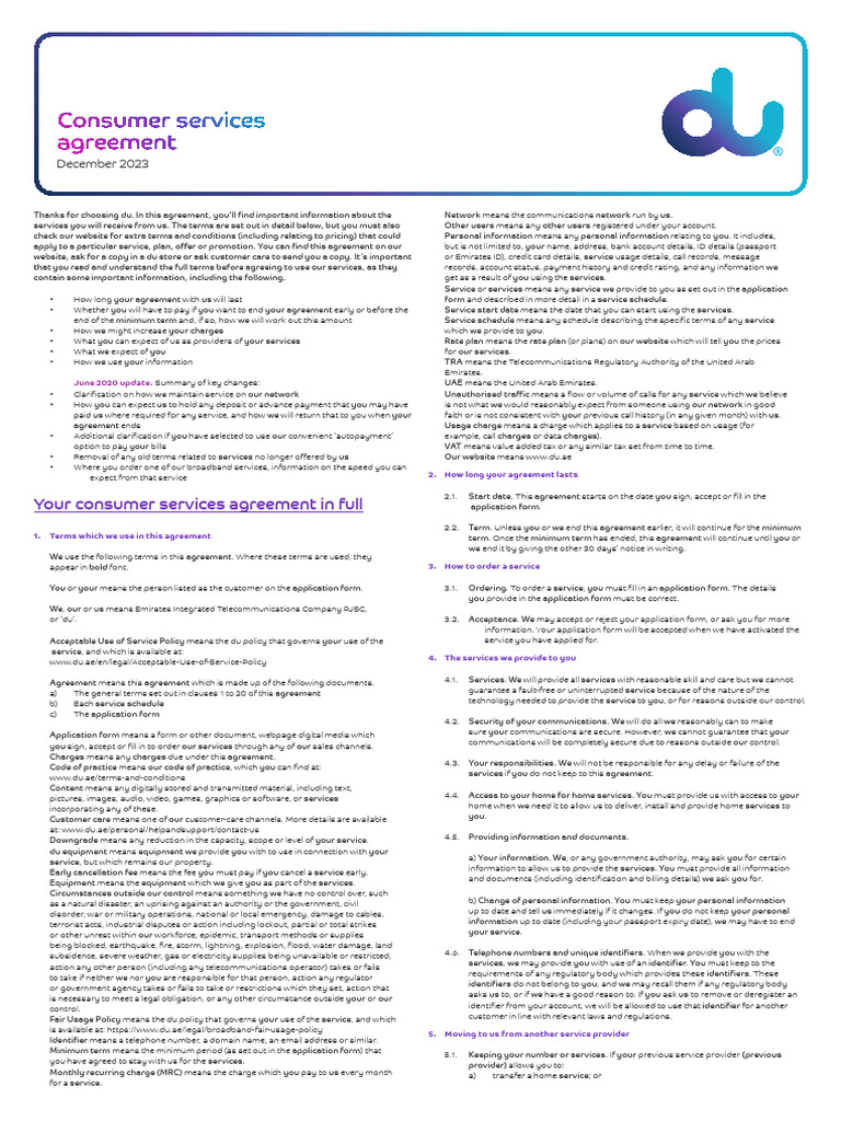 du Consumer Services Agreement Details | PDF | Credit Card | Value ...