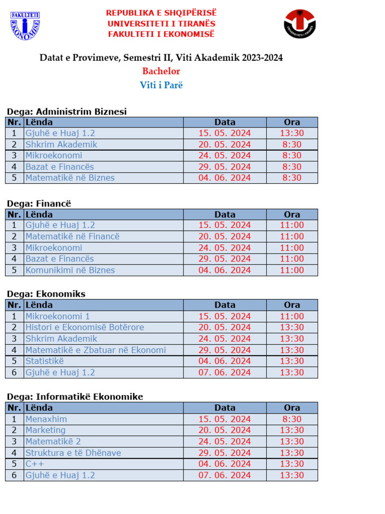Datat e Provimeve, Bachelor, Semestri II, Viti Akademik 2023-2024.Xlsx ...