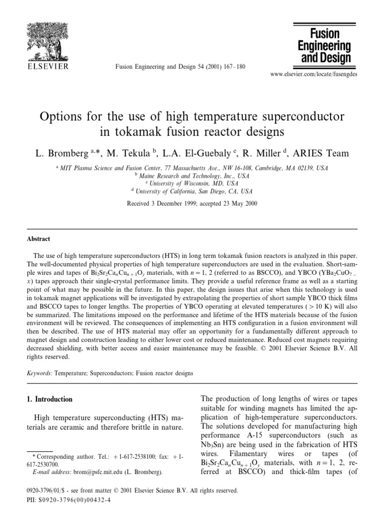 Options For The Use of High Temperature Superconductor in Tokamak Fusion Reactor Designs | PDF ...