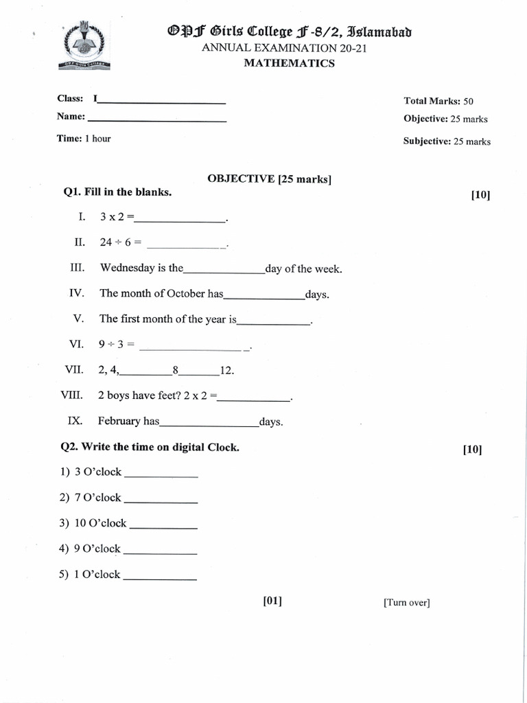 Math Class 1 Girls | PDF