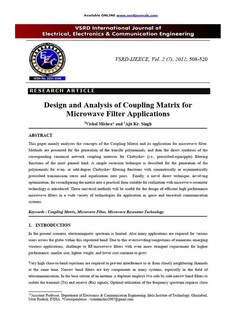 Design and Analysis of Coupling Matrix For Microwave Filter ...