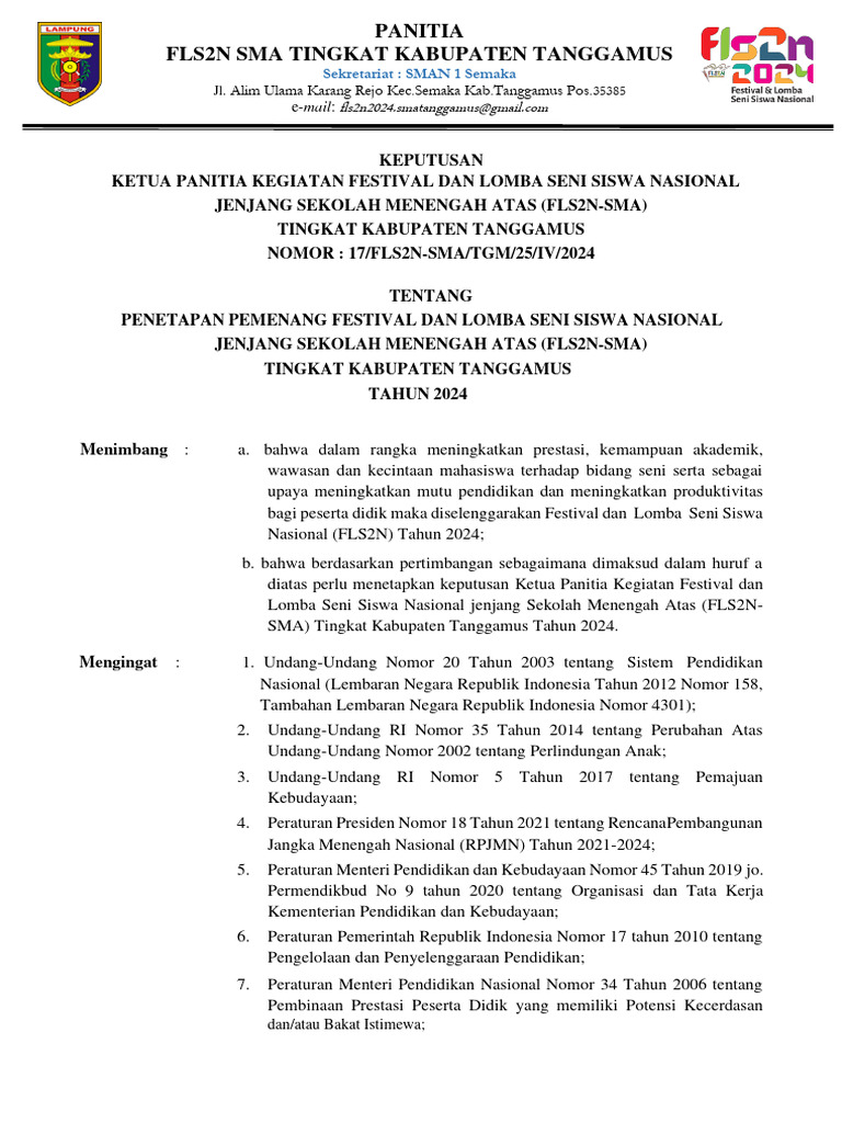 Pemenang FLS2N SMA Tanggamus 2024 | PDF