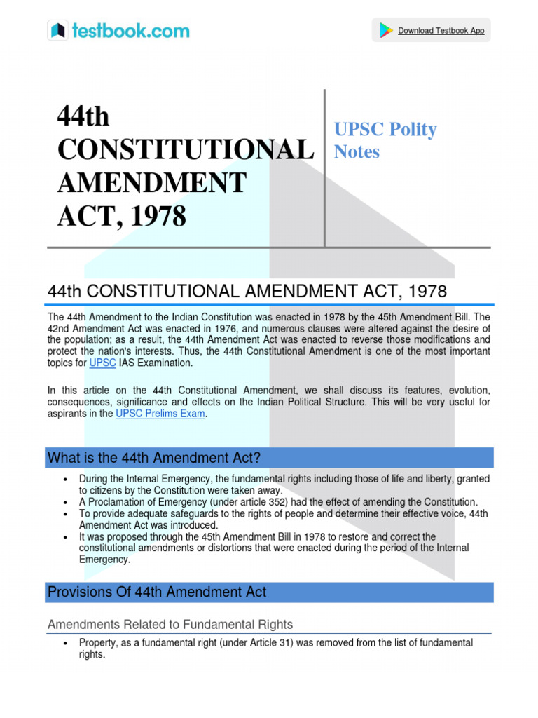 44th Amendment Act 1978 UPSC Guide | PDF | State Of Emergency | Common Law