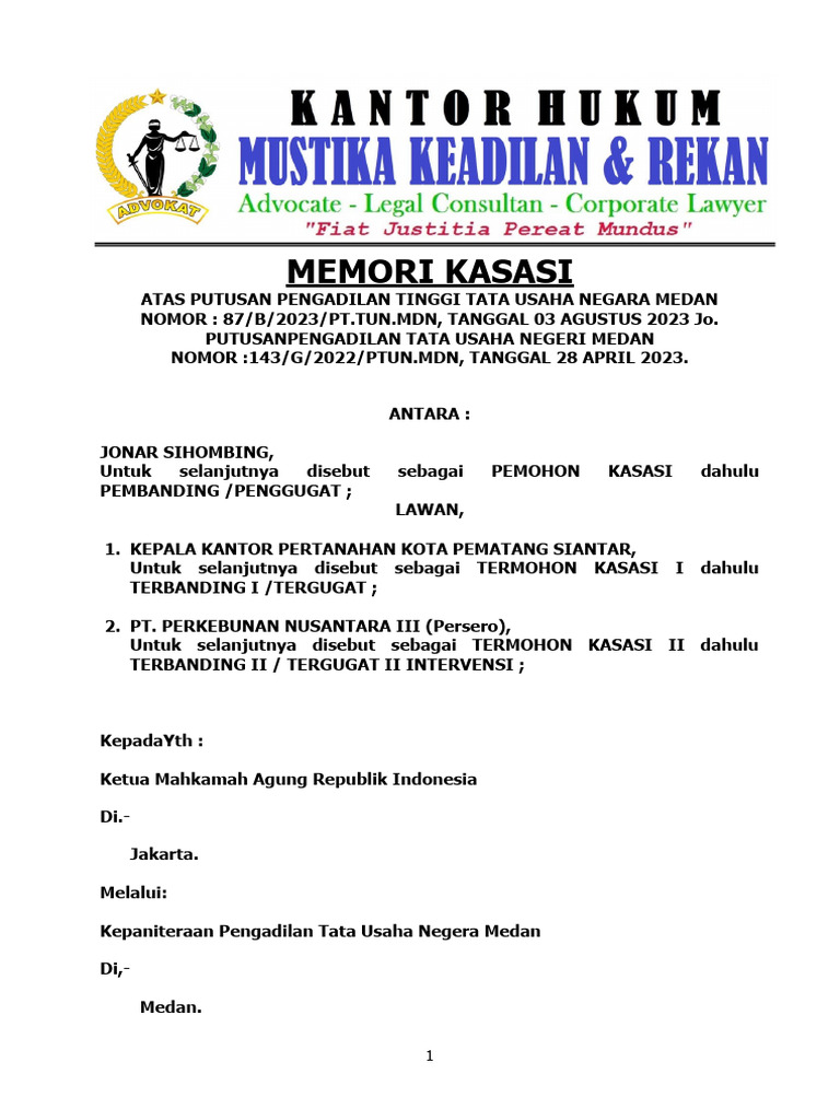 Memori Kasasi Jonar Tun - Final | PDF | Hukum