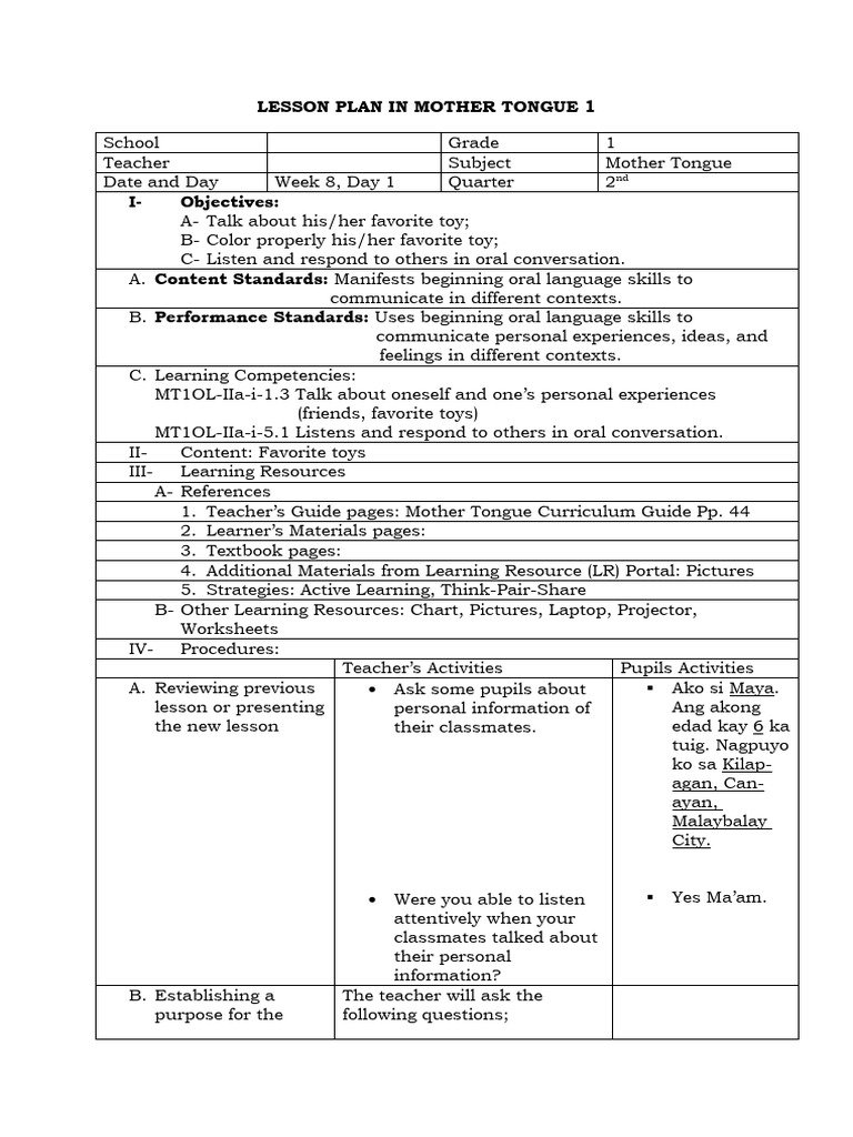 Daily Lesson Plan in Mother Tongue 1 Q2 Week 8 9 | PDF | Lesson Plan | Learning