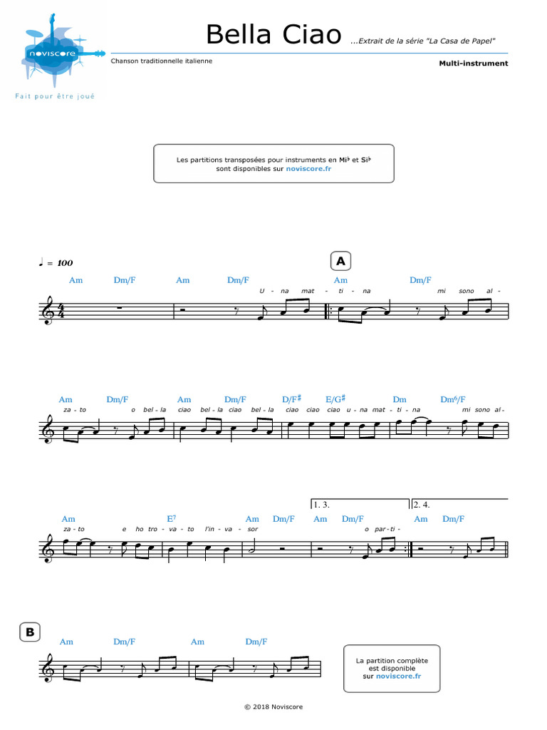 Bella Ciao La Casa de Papel Instruments en Do Tous Niveaux | PDF