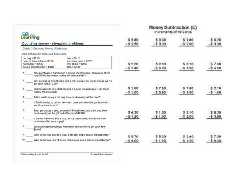 Math Money Worsheet Grade 3 | PDF