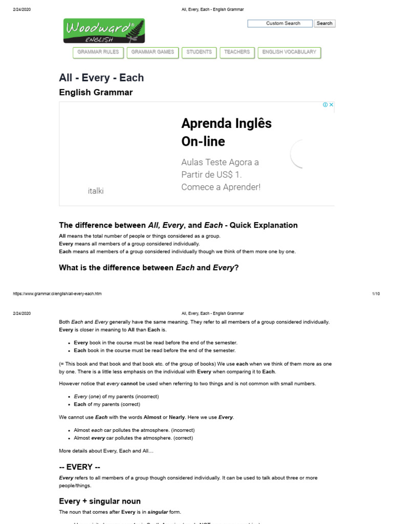 All, Every, Each - English Grammar | PDF | Grammatical Number | Plural