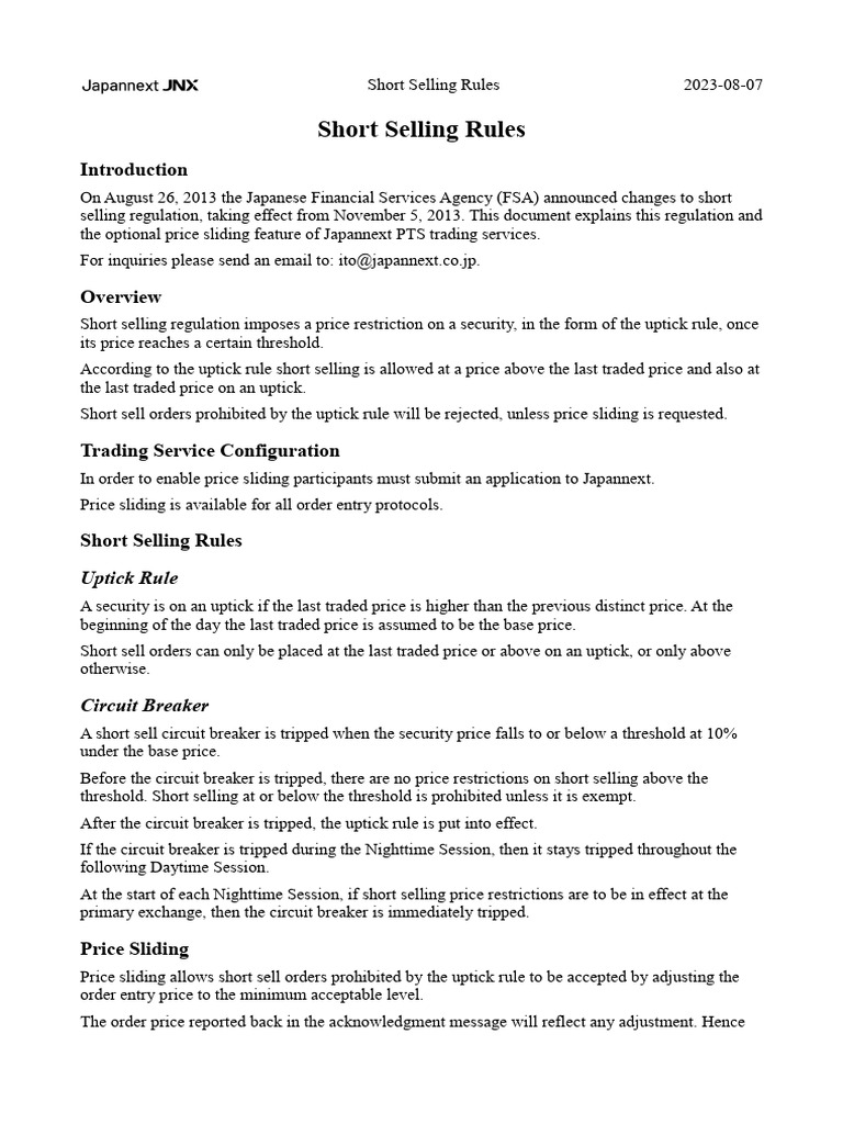 Japannext PTS Short Selling Rules | PDF | Short (Finance) | Prices