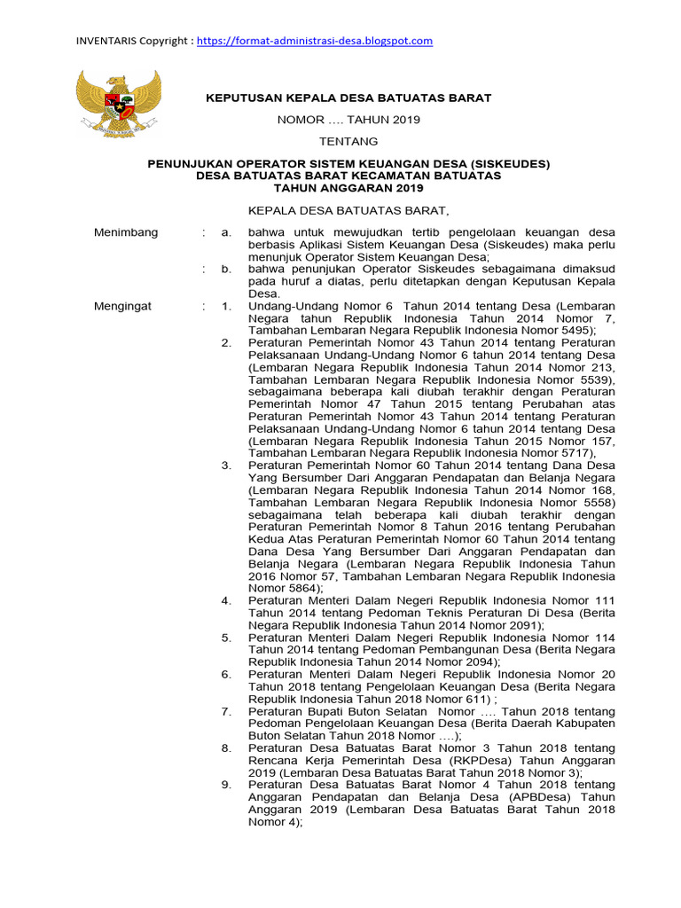 SK Penunjukan Operator Siskeudes 2019 | PDF