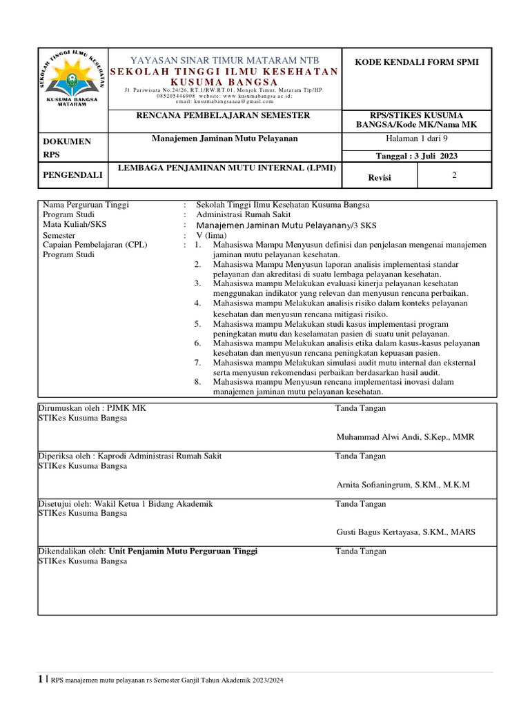 RPS Jaminan Mutu Pelayanan - ARS | PDF