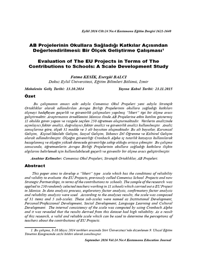 AB Projelerinin Okullara Sa - Lad - Katk - Lar A - S - Ndan de - Erlendirilmesi - Bir - L - Ek ...