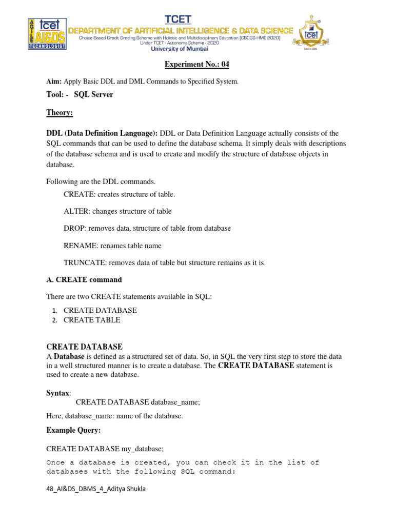48 - Ai&ds - Dbms Exp 4 - Aditya Shukla | PDF | Sql | Table (Database) 48 - Ai&ds - Dbms Exp 4 - Aditya Shukla | PDF | Sql | Table (Database)