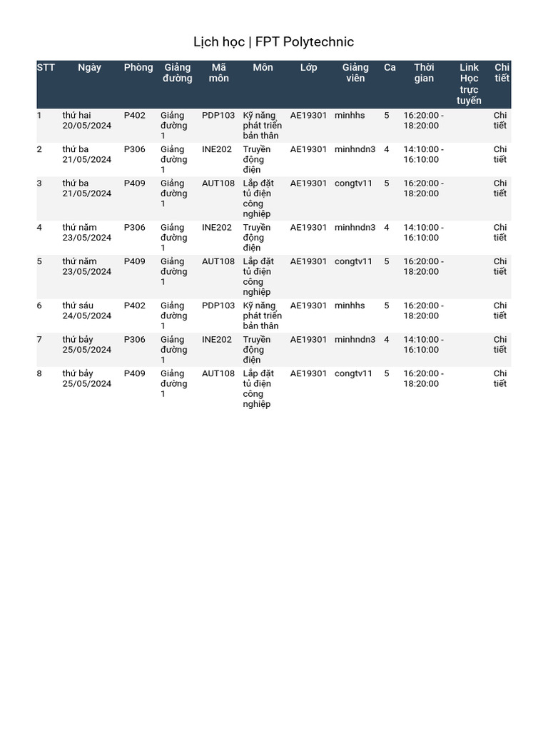 Lịch Học FPT Polytechnic | PDF