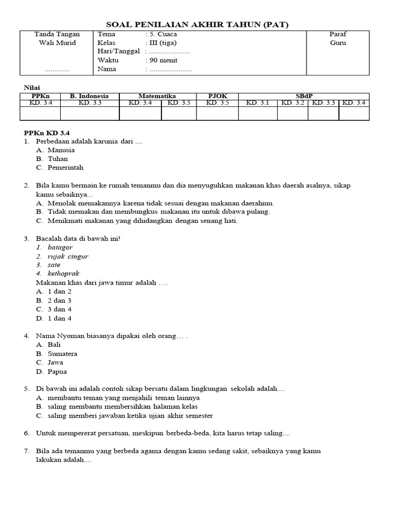 Latihan Soal Pas Kelas 3 Tema 5 | PDF