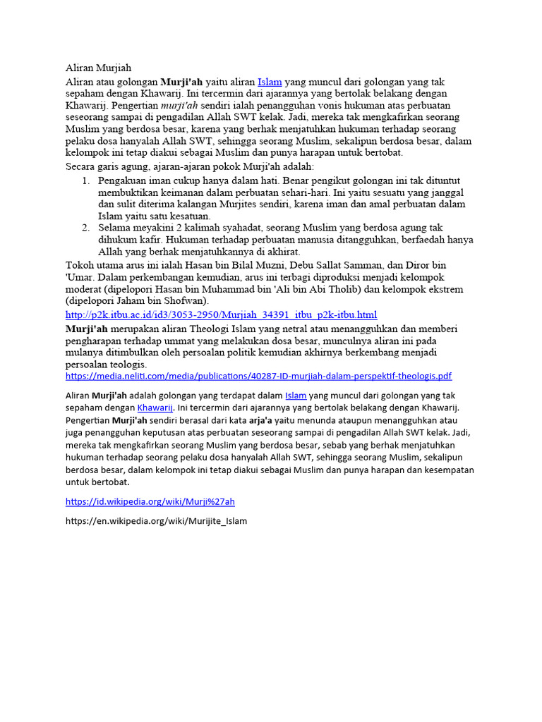 Aliran Murjiah - Ilmu Kalam - PFA | PDF