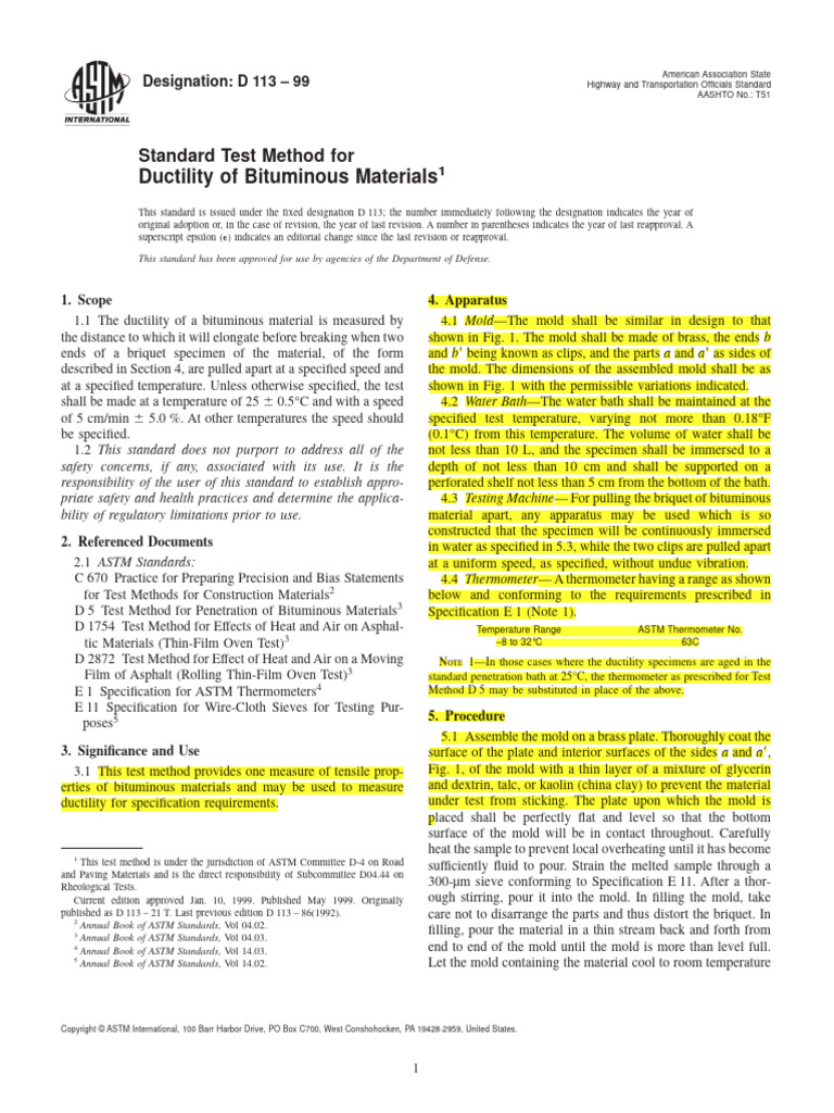 Ductility of Bituminous Materials: Standard Test Method For | PDF ...