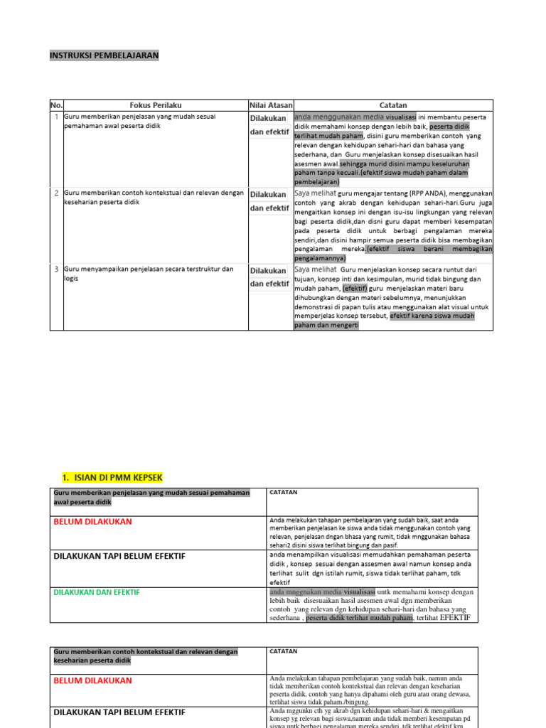 Isi Pmm Indikator Instruksi Pembelajaran | PDF
