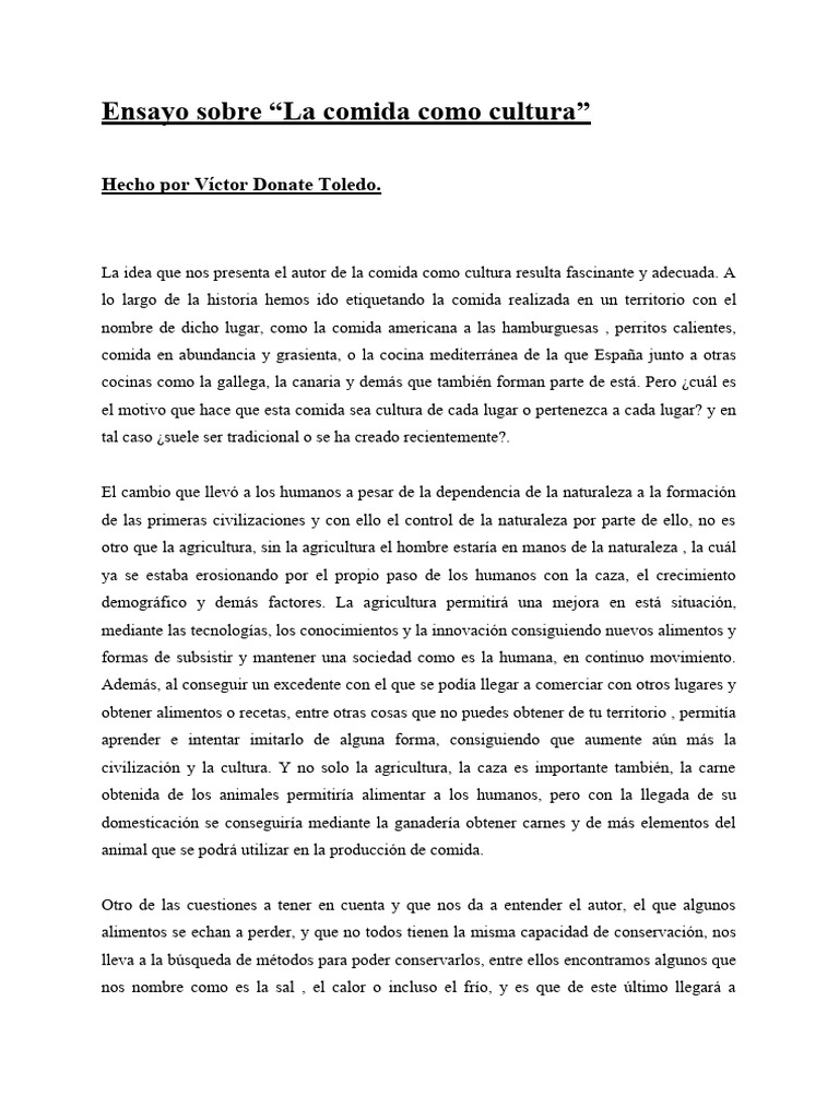 Ensayo sobre La comida como cultura. Víctor Donate Toledo. | PDF ...