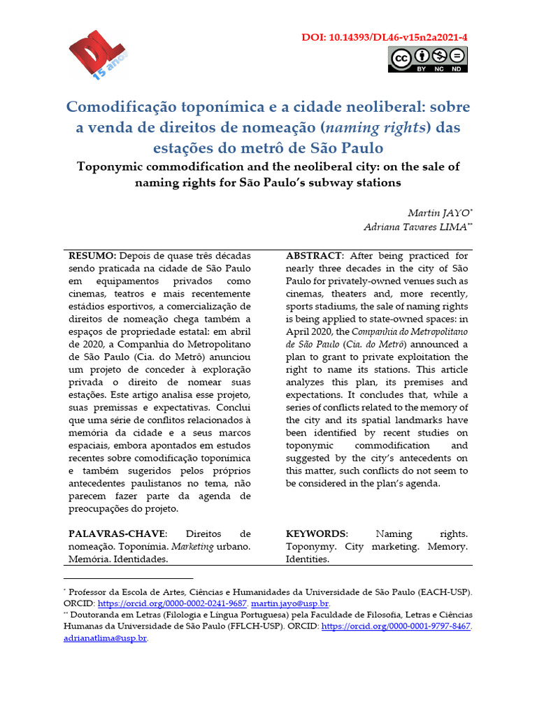 Comodificacao Toponimica e A Cidade Neol | PDF | São Paulo | Economia