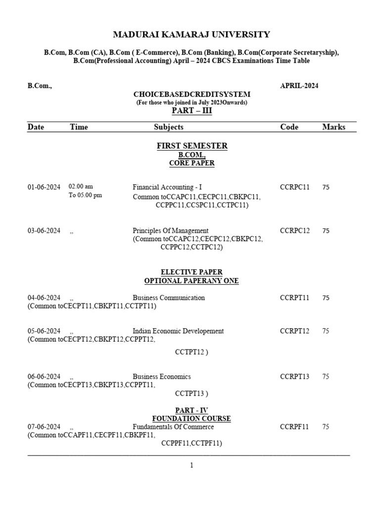 Exam April 2024 Timetable Cbcs-For Those Who Joined in July 2023 Onwards | PDF | Accounting | Banks