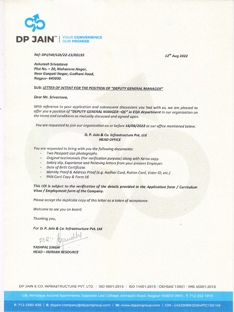 Offer Letter - Mr. Ashutosh Srivastava | PDF