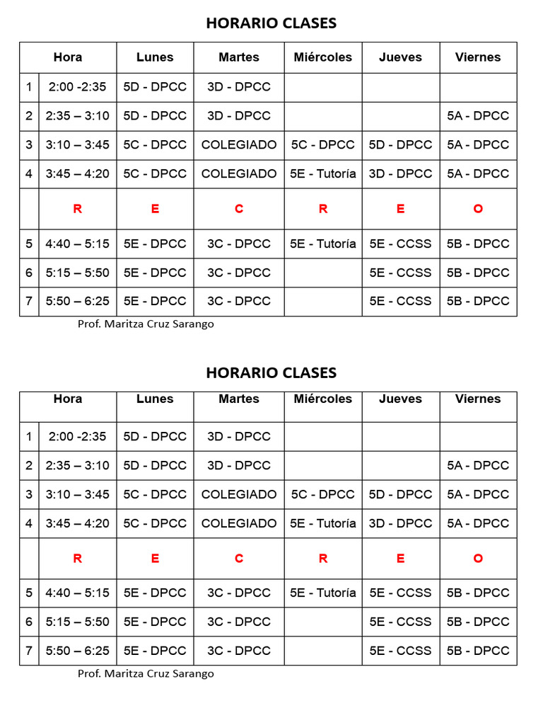 Horario de Clases DPCC y Tutoría | PDF