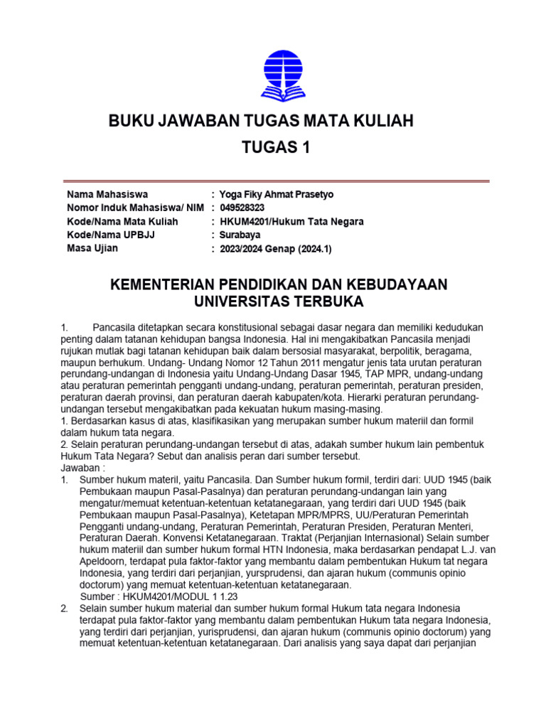 BJT - Tugas 1 - Hukum Tata Negara | PDF | Ilmu Sosial