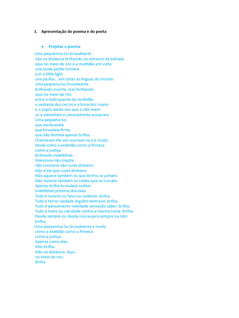 Análise do poema "Uma Pequenina Luz" | PDF | Métrica (poesia) | Rima