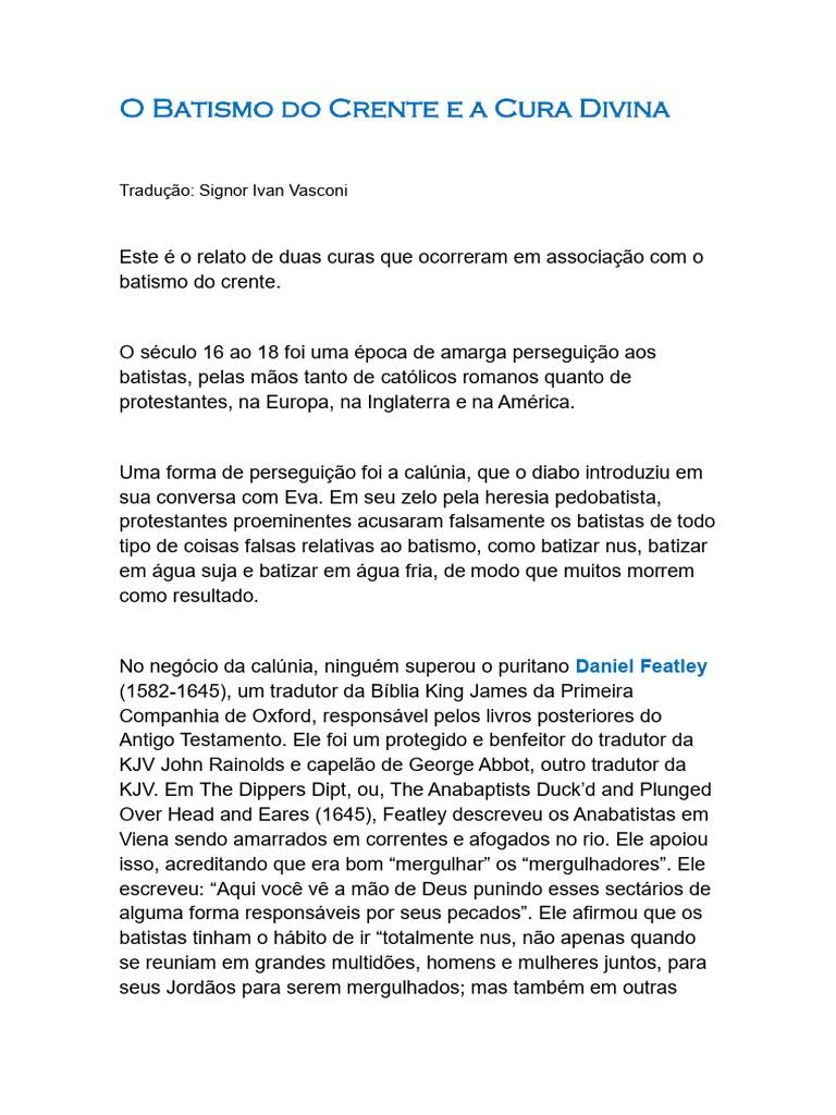 Batismo Do Crente E A Cura Divina - David Cloud | Download grátis PDF ...