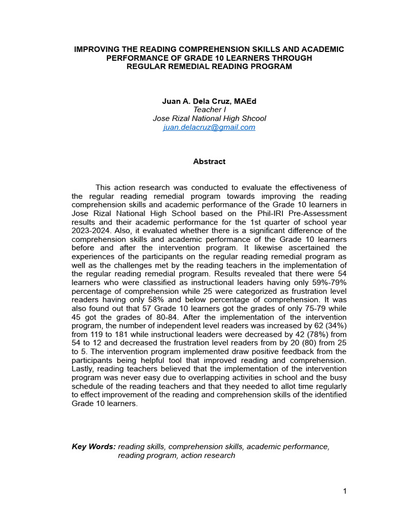 Sample Action Research For Reading Comprehension | PDF | Reading ...