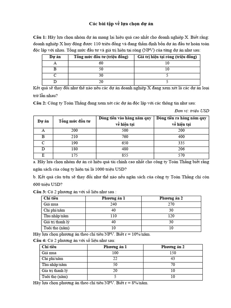 CBA. BTTH. Chuong 2. Tieu Chi Lua Chon Du An 2 | PDF