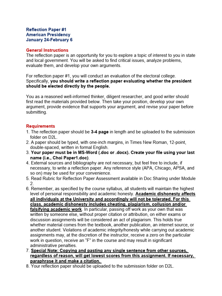 Presidency Reflection Paper 1 | PDF | Academic Dishonesty | Plagiarism
