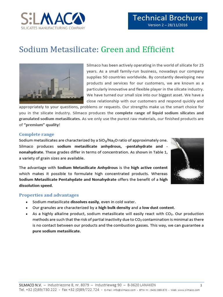 SILMACO - Sodium Metasilicates - Technical Brochure - EN - v2 | PDF ...