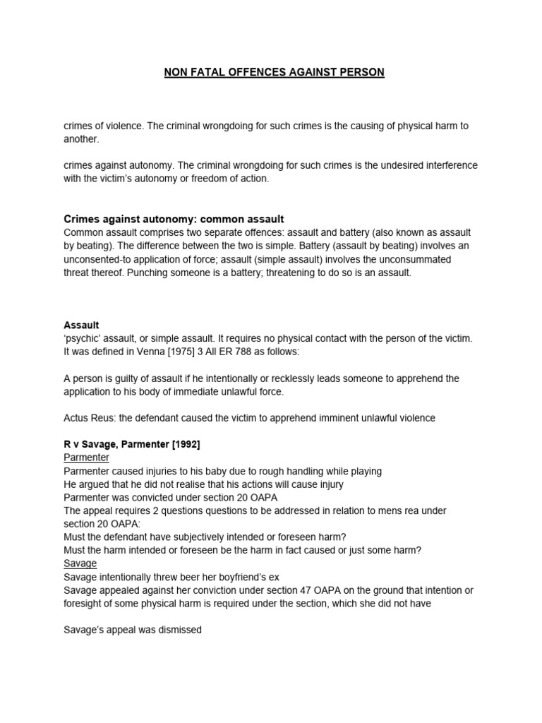 Non-Fatal Offences Against Persons Explained | PDF | Assault | Battery ...