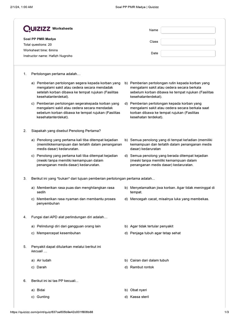 Soal PP PMR Madya - Quizizz | PDF
