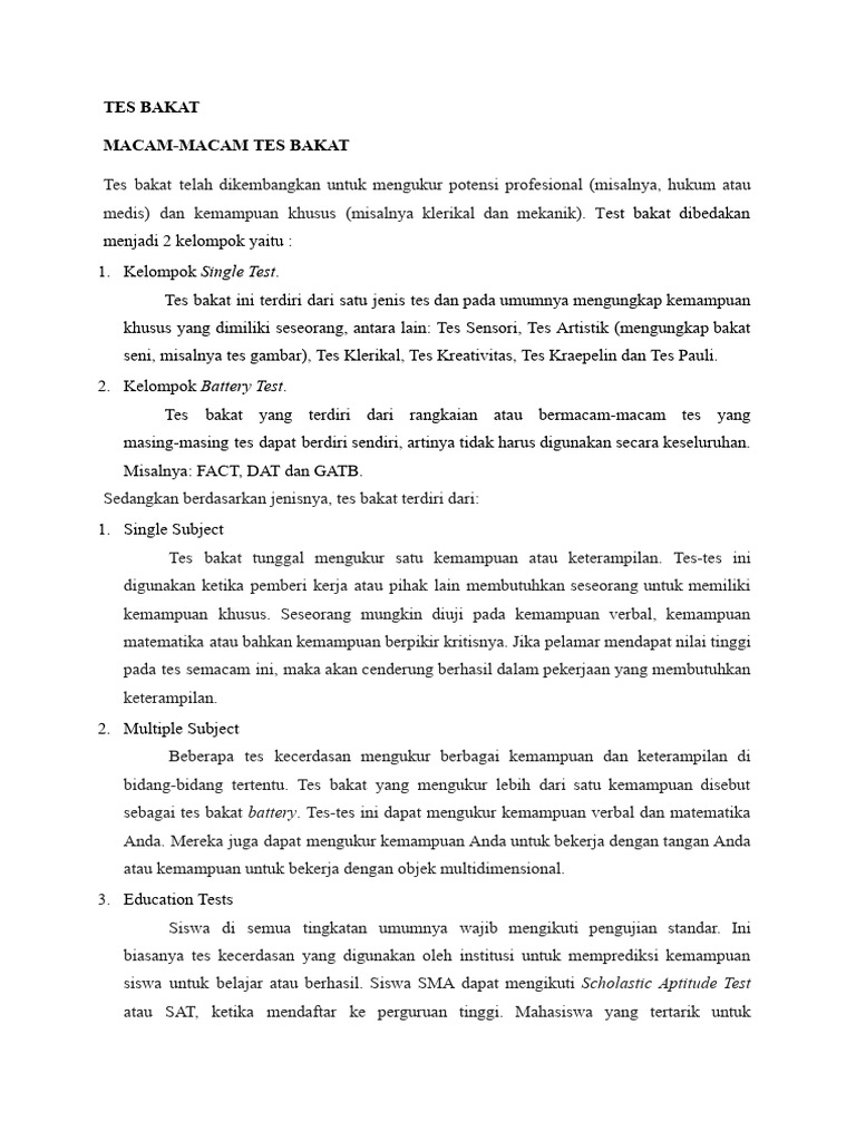Macam-Macam Tes Bakat dan Contohnya | PDF | Karier & Perkembangan