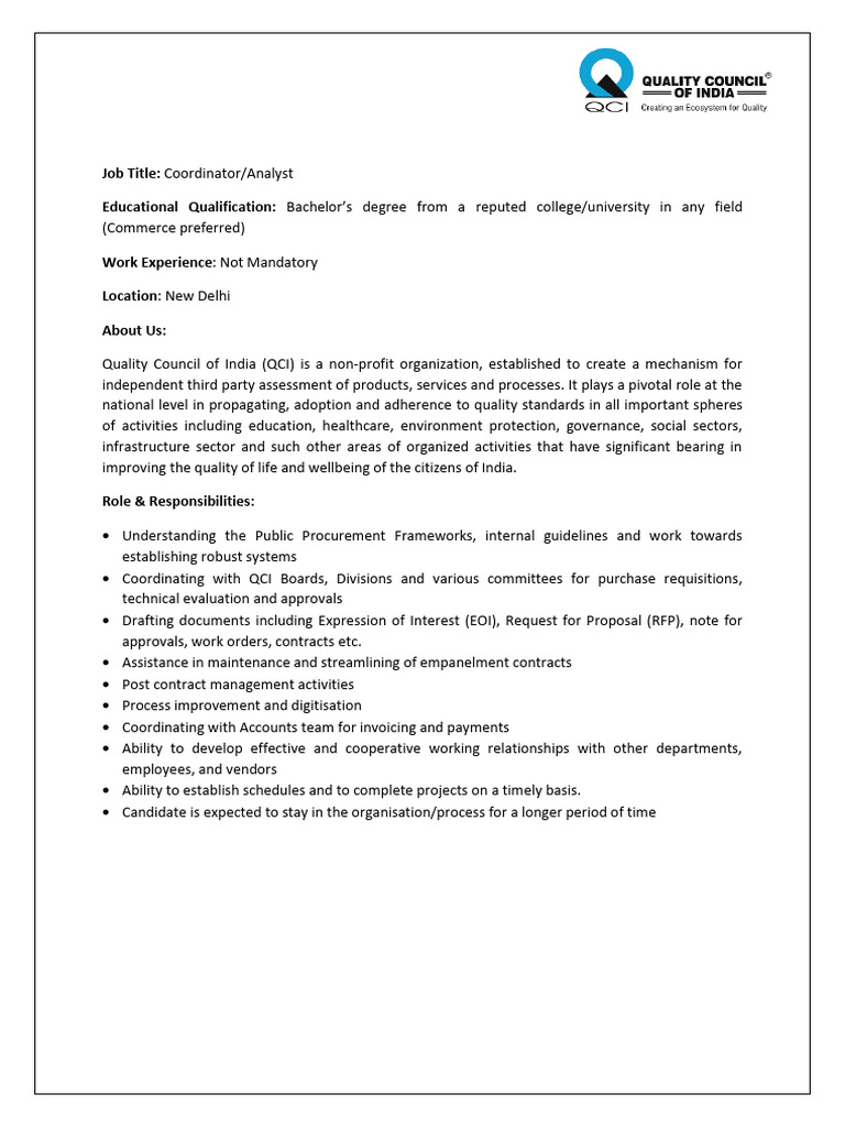 QCI - Coordinator and Analyst - Job Description-1 | PDF | Career & Growth | Business