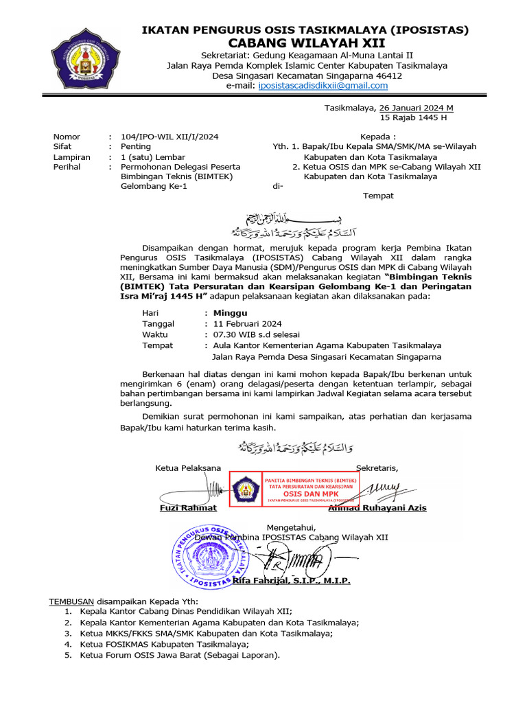 Surat Undangan Bimtek Tahun 2024 JD 2 | PDF