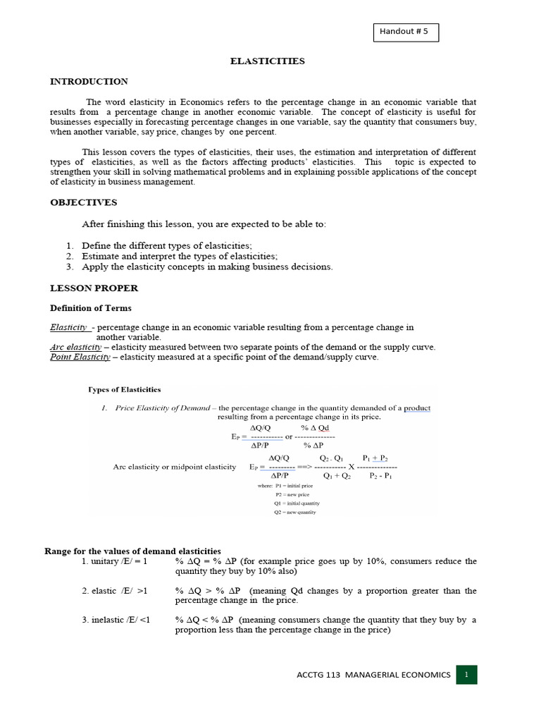 ACCTG 113 - Handout 5ELASTICITIES | PDF | Elasticity (Economics) | Demand