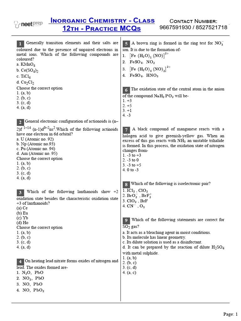 Inorganic Chemistry - Class 12th - Practice MCQs | PDF | Coordination ...