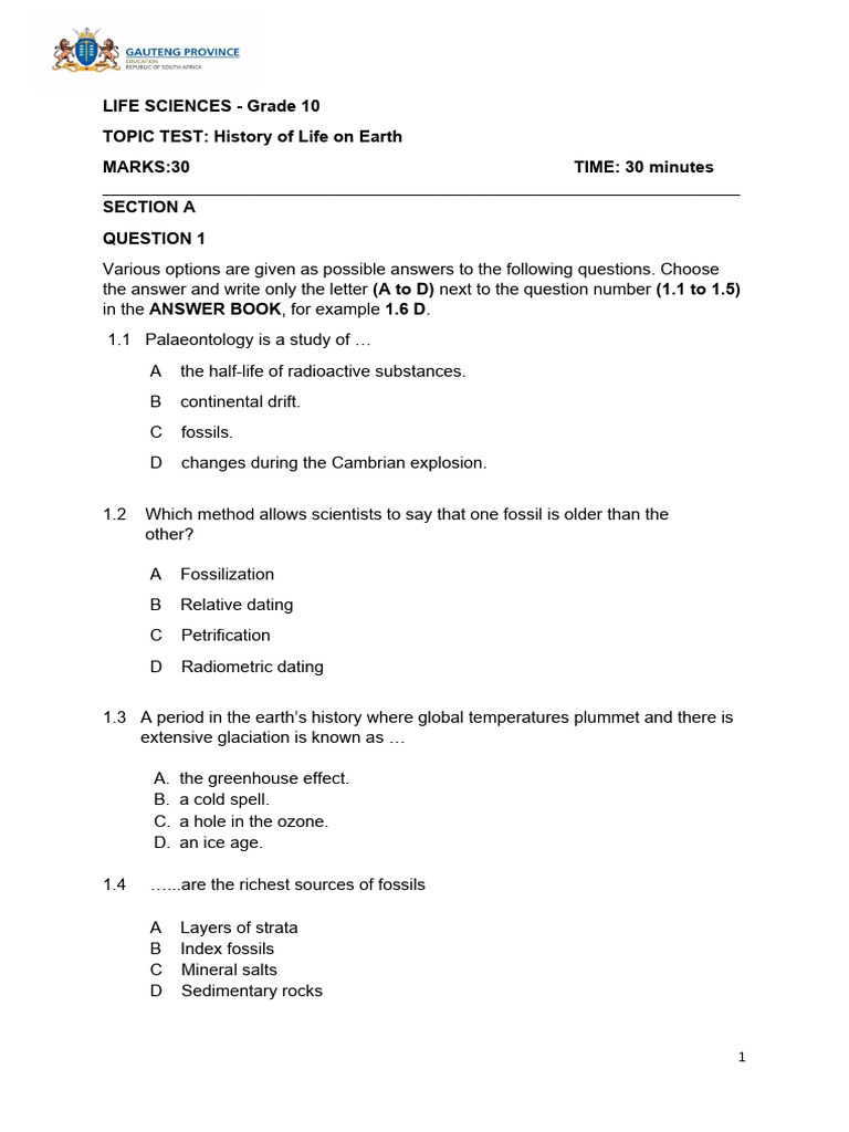Grade 10 Life Sciences: History of Earth Test | PDF | Geologic Time ...